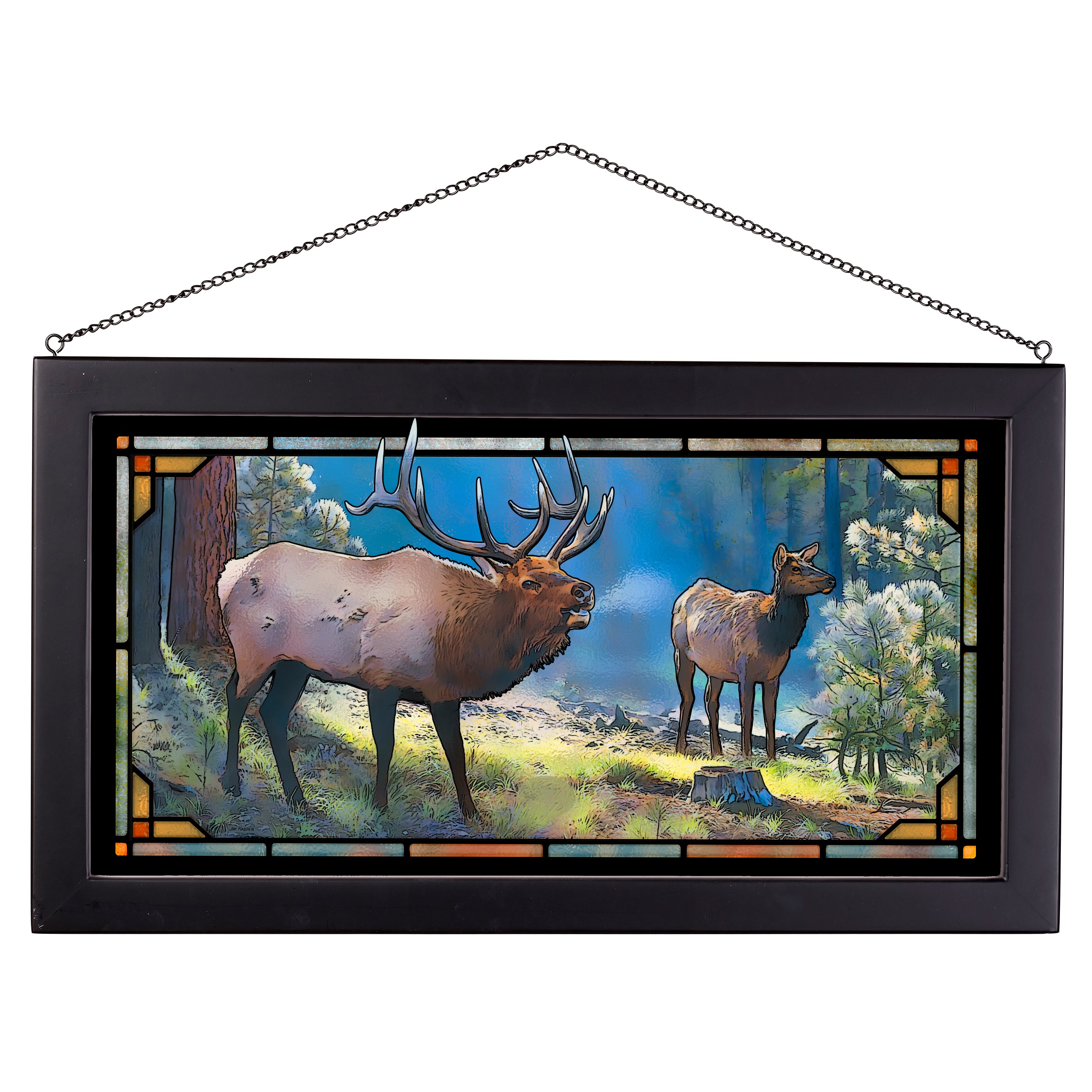 Lakeside Elk Stained Glass Art - Black Frame | Black Forest Decor