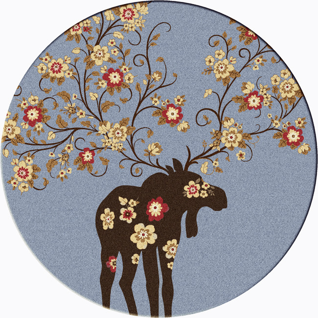 Wildlife Rugs: 8 Foot Round Moose Blossom Blue Rug | Black Forest Decor