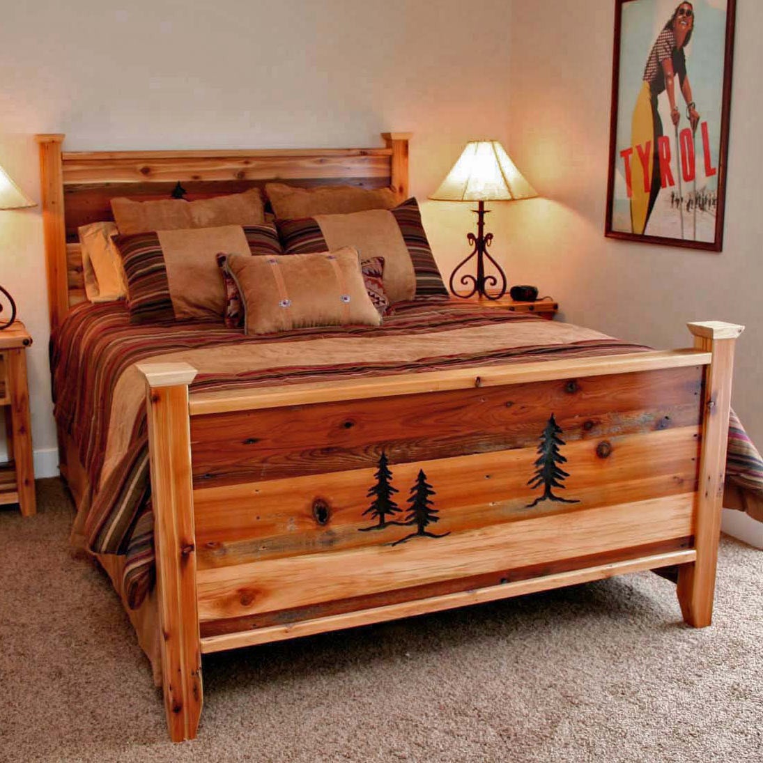 Rustic Beds: Full Size Barnwood Bed with Tree Carvings | Black Forest Decor