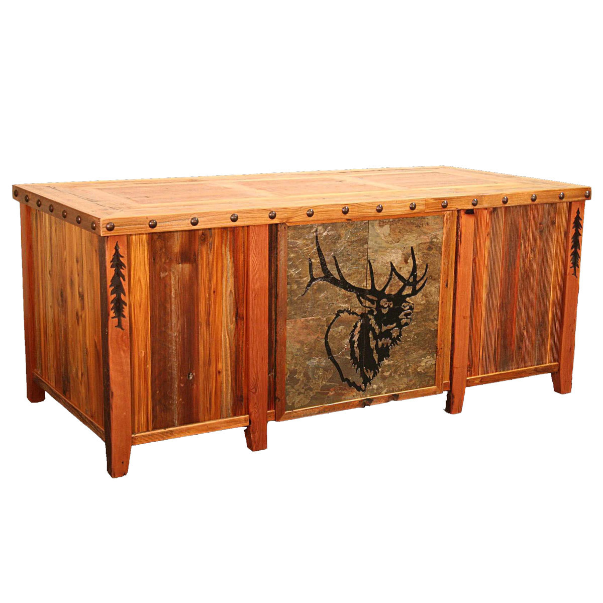Barnwood Elk Tile Executive Desk with Tree Carving | Black Forest Decor