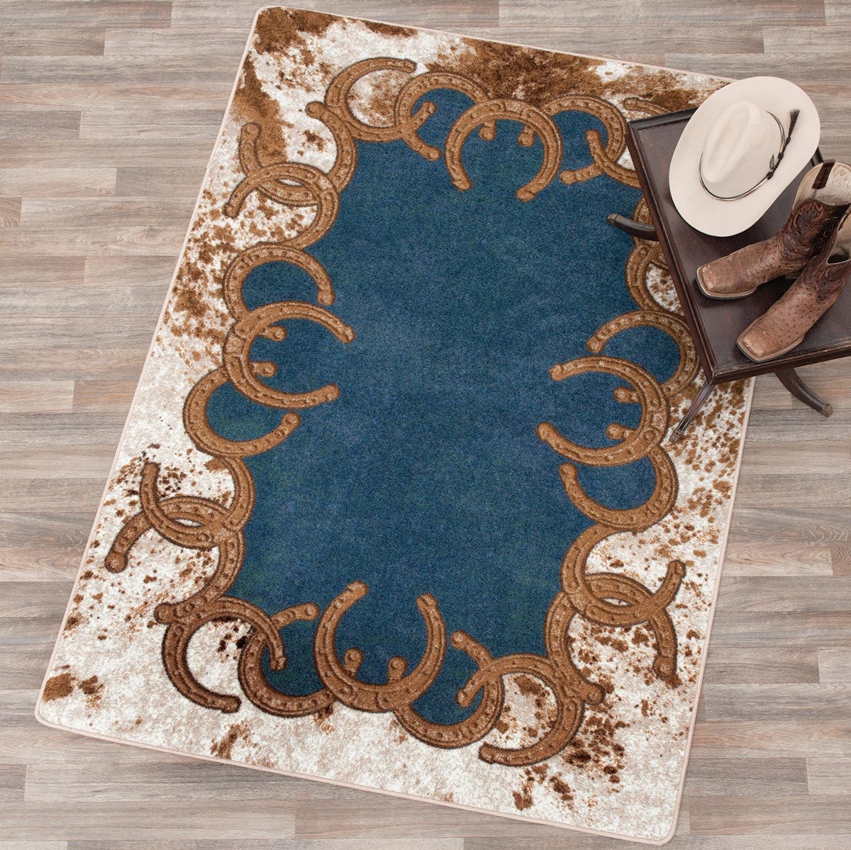Horseshoe & Cowhide Denim Blue Rug - 11 x 13 | Black Forest Decor