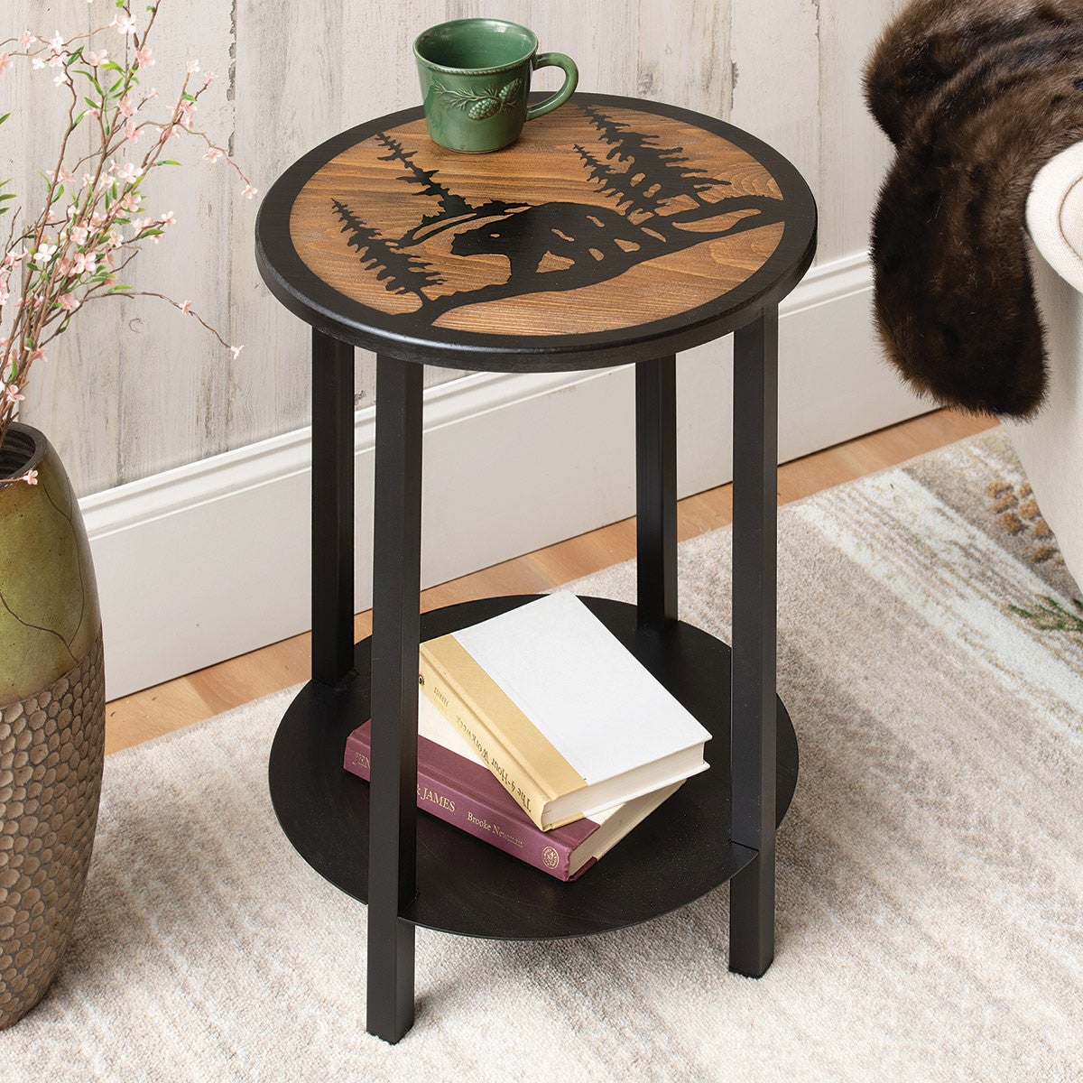 Black Bear Stroll Round Accent Table | Black Forest Decor