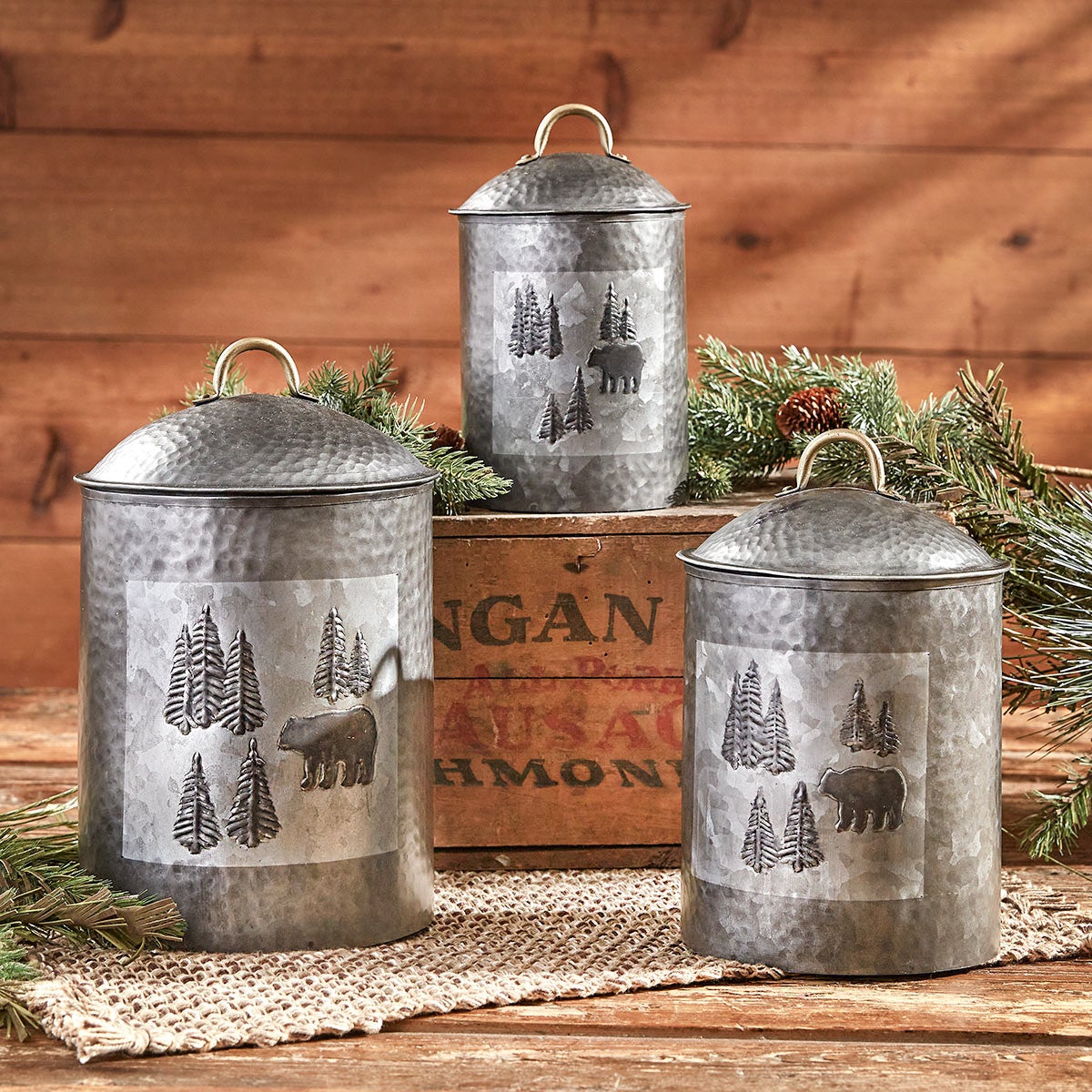Black Bear Galvanized Canisters - Set of 3 | Black Forest Decor