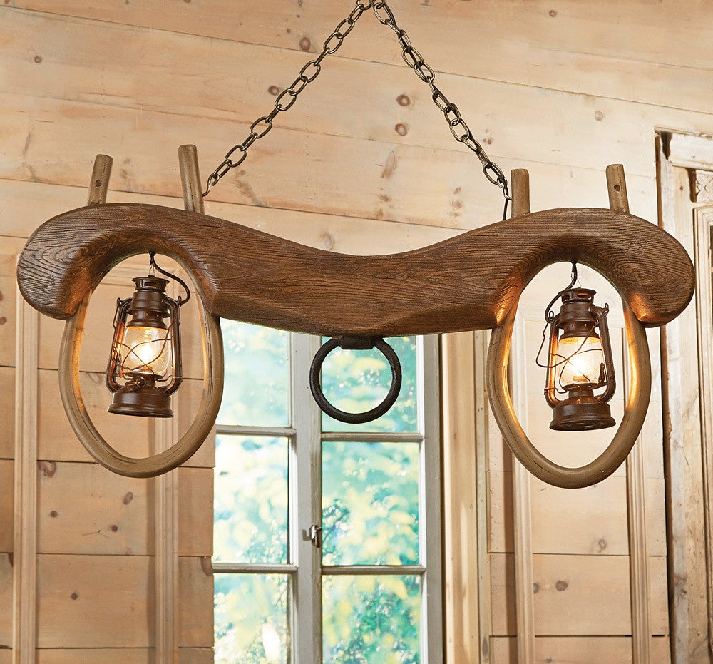 Ox Yoke Pendant Light with Lanterns | Black Forest Decor
