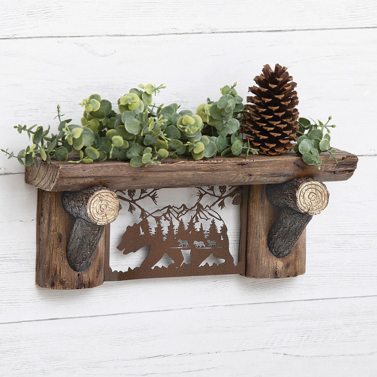 Mountain Bear Metal & Log Wall Shelf | Black Forest Decor
