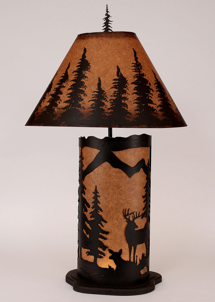 Rustic Table Lamps: Large Deer Scene Table Lamp with Nightlight | Black ...