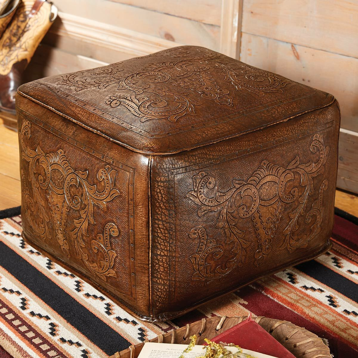 Antique Brown Large Colonial Tooled Leather Ottoman | Black Forest Decor