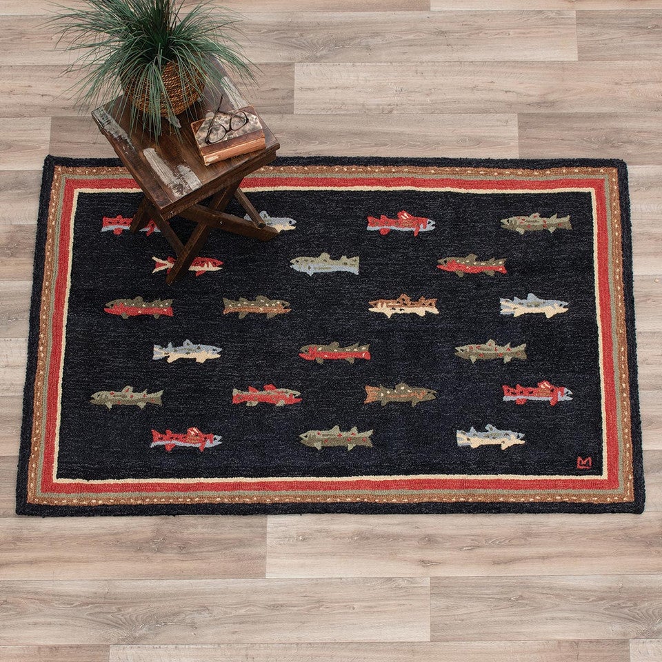 River Fish Hooked Wool Accent Rug | Black Forest Decor